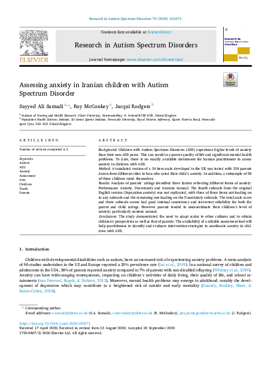 (PDF) Assessing anxiety in Iranian children with Autism Spectrum Disorder