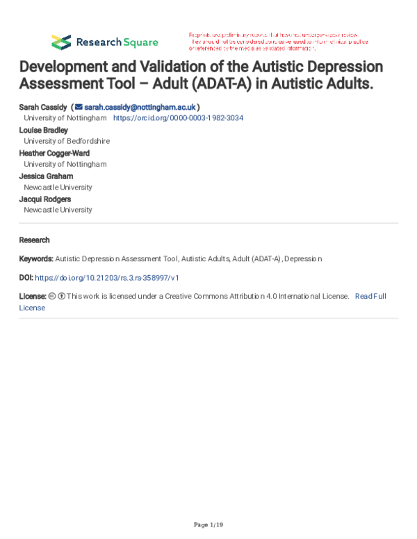 (PDF) Development and Validation of the Autistic Depression Assessment Tool – Adult (ADAT-A) in ...