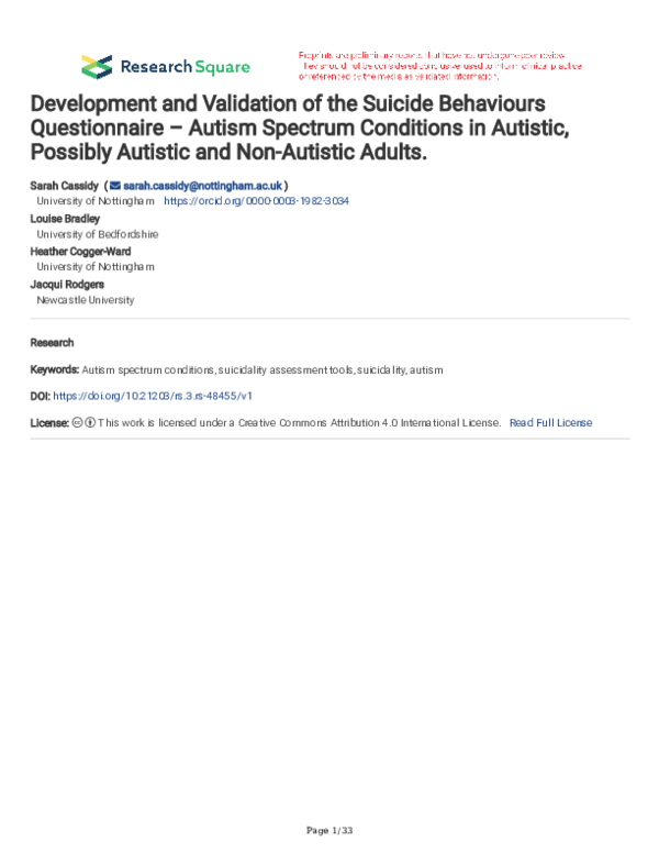 (PDF) Development and Validation of the Suicide Behaviours Questionnaire – Autism Spectrum ...