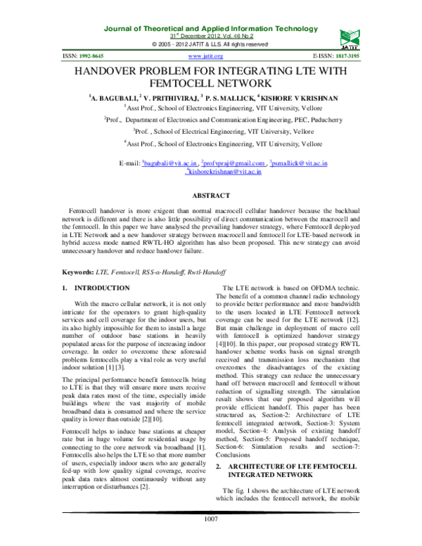 (PDF) Handover Problem for Integrating Lte with Femtocell Network 1