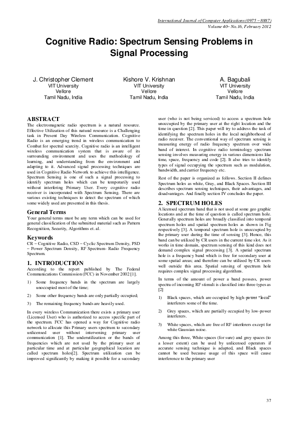 (PDF) Cognitive Radio: Spectrum Sensing Problems in Signal Processing