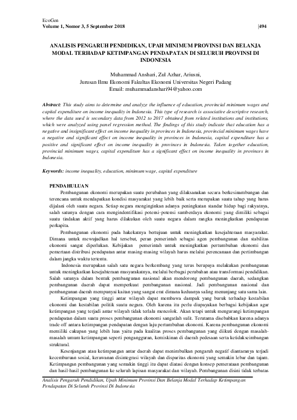 (PDF) Analisis Pengaruh Pendidikan, Upah Minimum Provinsi Dan Belanja Modal Terhadap Ketimpangan ...