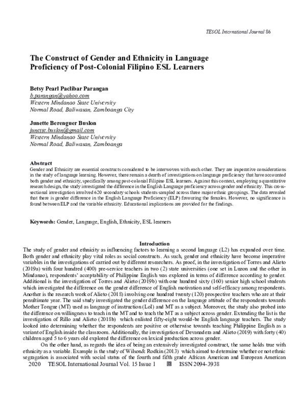 (PDF) The Construct of Gender and Ethnicity in Language Proficiency of ...