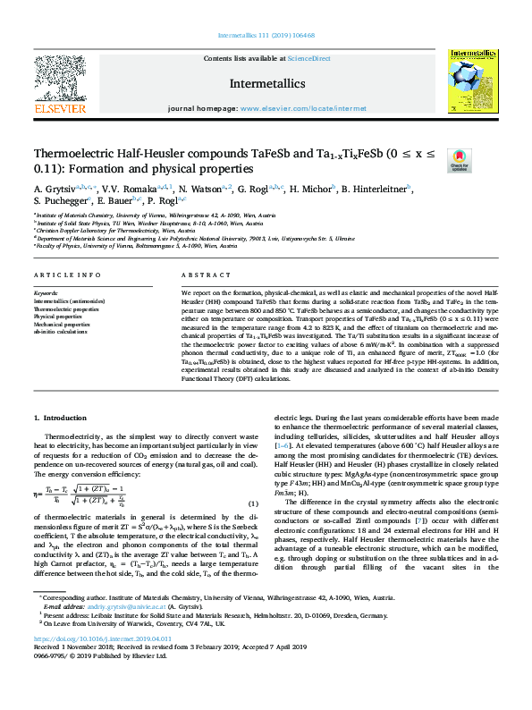 (PDF) Thermoelectric Half-Heusler compounds TaFeSb and Ta1-xTixFeSb (0 ...
