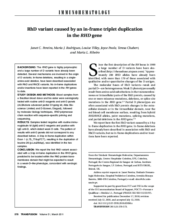 (PDF) RhD variant caused by an in-frame triplet duplication in the RHD gene