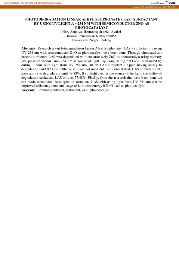 (PDF) Photodegradation Linear Alkyl Sulphonate ( Las ) Surfactant by ...