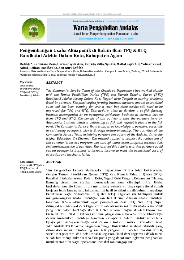 (PDF) Pengembangan Usaha Akuaponik di Kolam Ikan TPQ & RTQ Raudhatul Adzkia Dalam Koto ...
