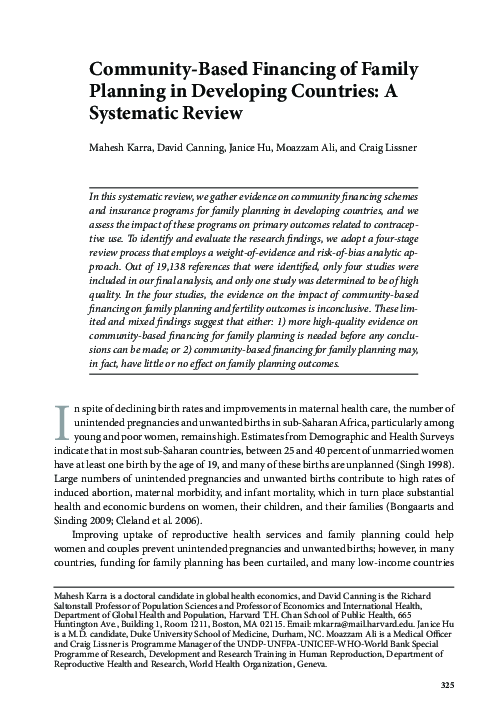 (PDF) Community-Based Financing of Family Planning in Developing Countries: A Systematic Review