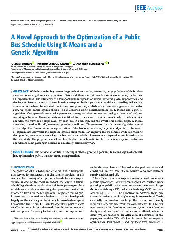 (PDF) A Novel Approach to the Optimization of a Public Bus Schedule Using K-Means and a Genetic ...