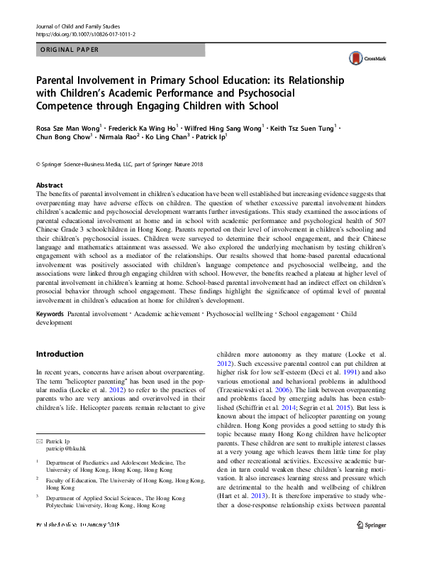 (PDF) Parental involvement in primary school education and children's academic and psychosocial ...