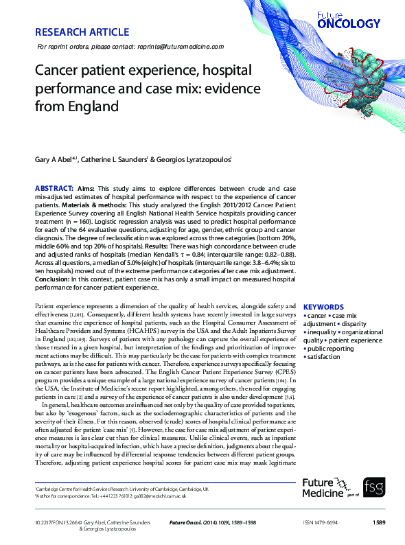 (PDF) Cancer patient experience, hospital performance and case mix ...