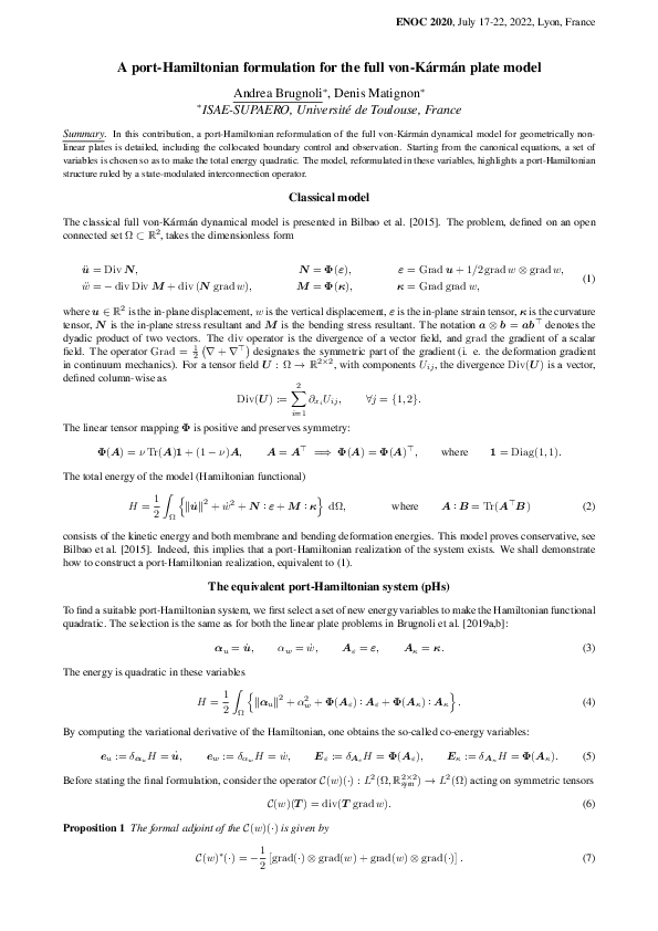 (PDF) A port-Hamiltonian formulation for the full von-Kármán plate model