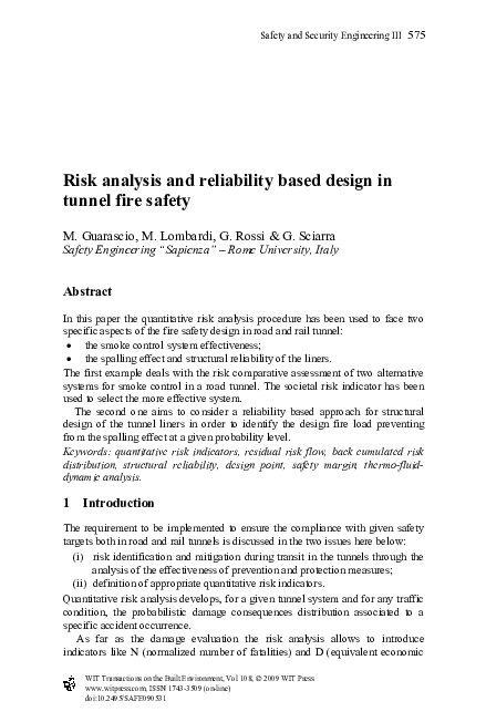 (PDF) Risk analysis and reliability based design in tunnel fire safety