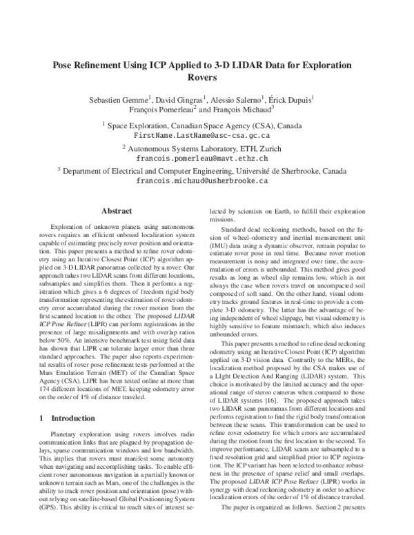 (PDF) Pose Refinement Using ICP Applied to 3-D LIDAR Data for Exploration Rovers