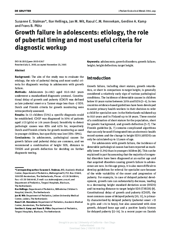 (PDF) Growth failure in adolescents: etiology, the role of pubertal ...