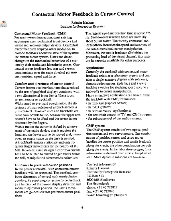 (PDF) Contextual motor feedback in cursor control