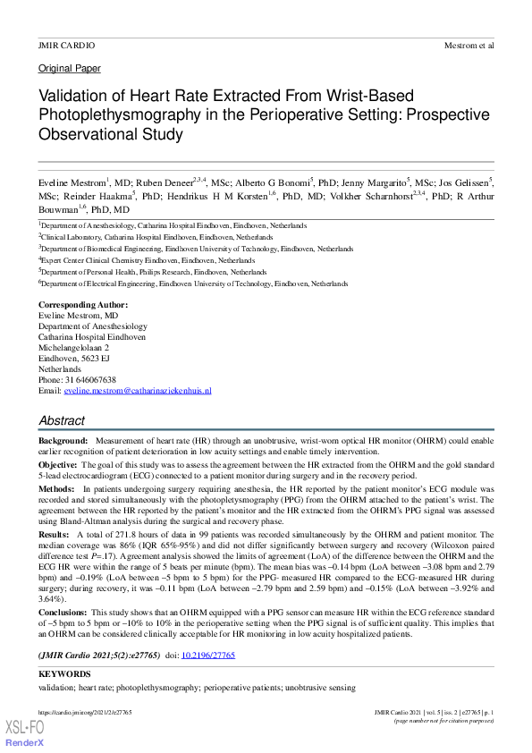 Pdf Validation Of Heart Rate Extracted From Wrist Based Photoplethysmography In The