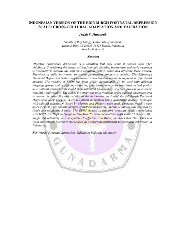 (PDF) Indonesian Version of the Edinburgh Postnatal Depression Scale ...