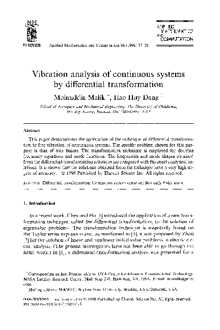 (PDF) Vibration analysis of continuous systems by differential transformation