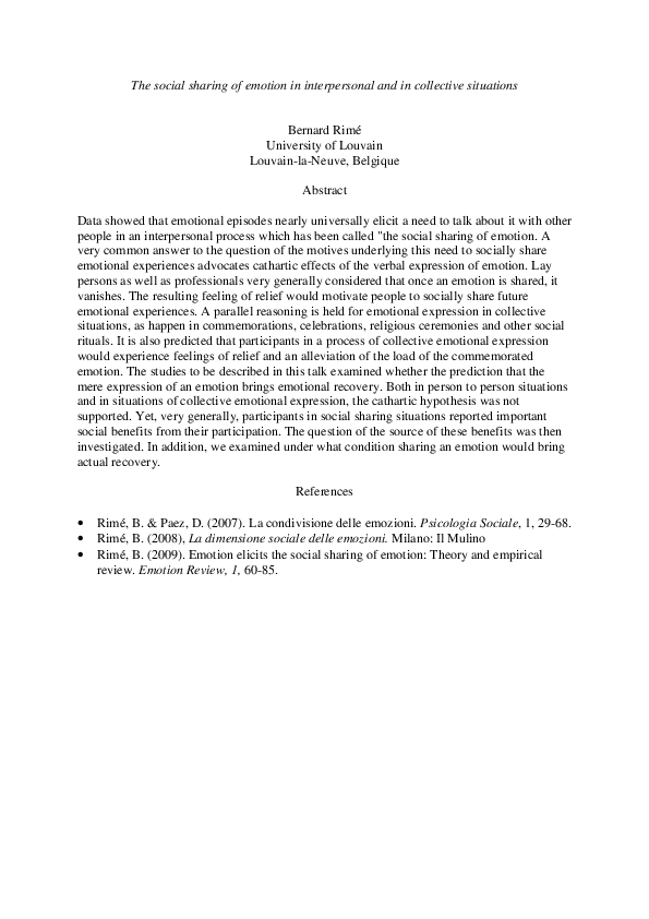 (PDF) The Social Sharing of Emotion in Interpersonal and in Collective ...
