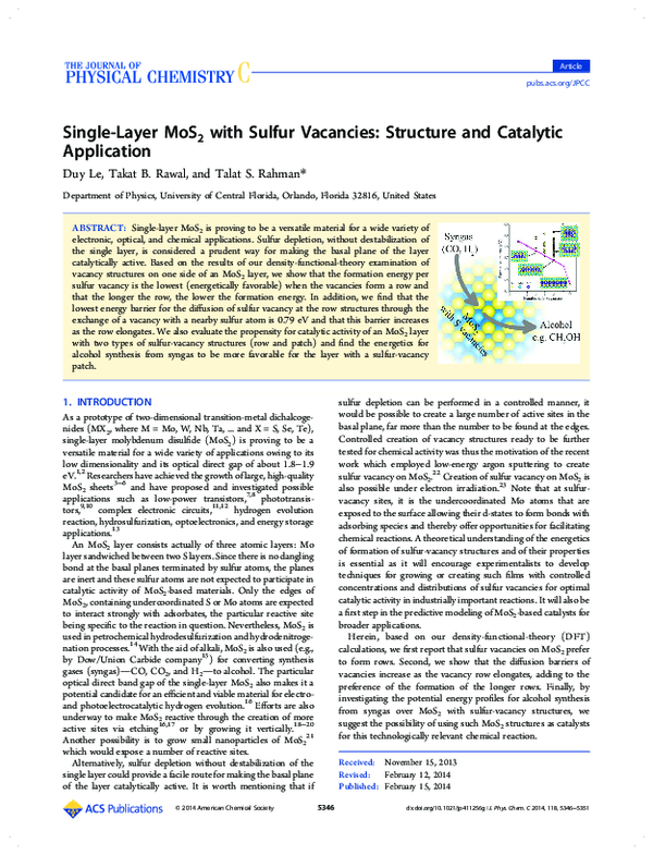 (PDF) Single-Layer MoS2 with Sulfur Vacancies: Structure and Catalytic ...