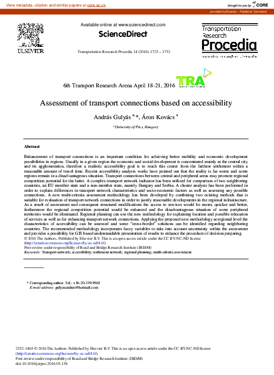 (PDF) Assessment of Transport Connections Based on Accessibility