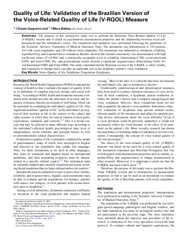 (PDF) Quality of Life: Validation of the Brazilian Version of the Voice ...