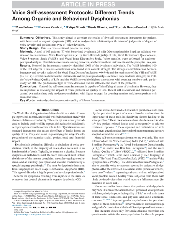 (PDF) Voice Self-assessment Protocols: Different Trends Among Organic ...