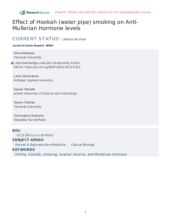 (PDF) Effect of Hookah (water pipe) smoking on Anti-Mullerian Hormone levels