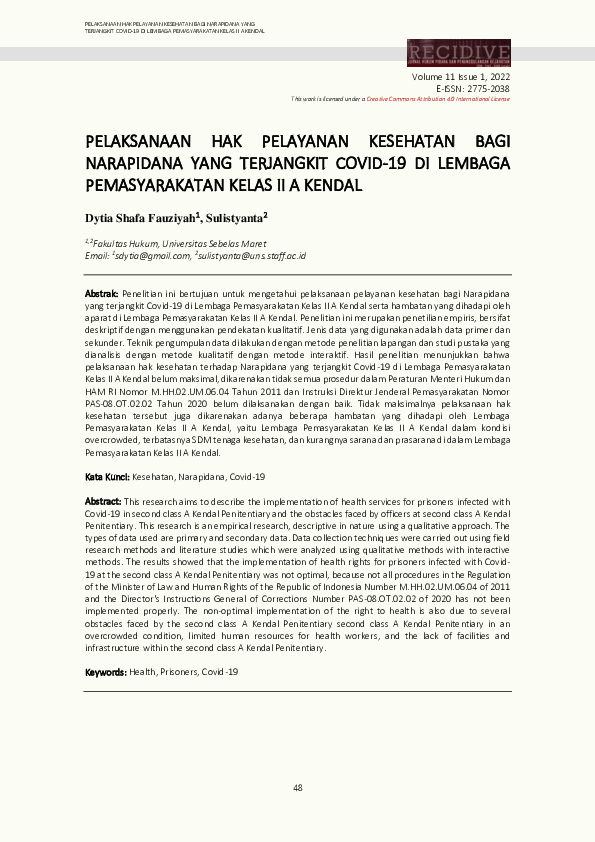 (PDF) Pelaksanaan Hak Pelayanan Kesehatan Bagi Narapidana Yang Terjangkit COVID-19 DI Lembaga ...