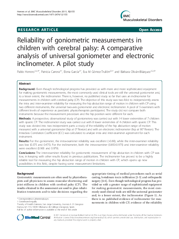 (PDF) Reliability of goniometric measurements in children with cerebral palsy: A comparative ...