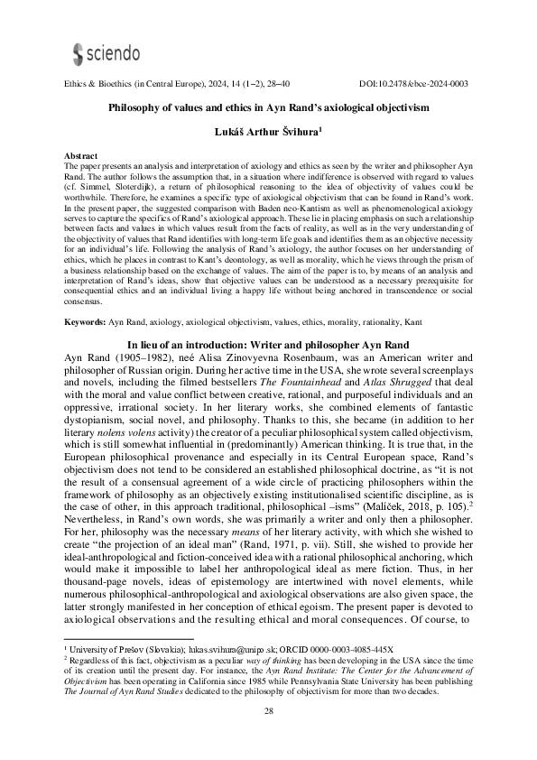 (PDF) Philosophy of values and ethics in Ayn Rand's axiological objectivism