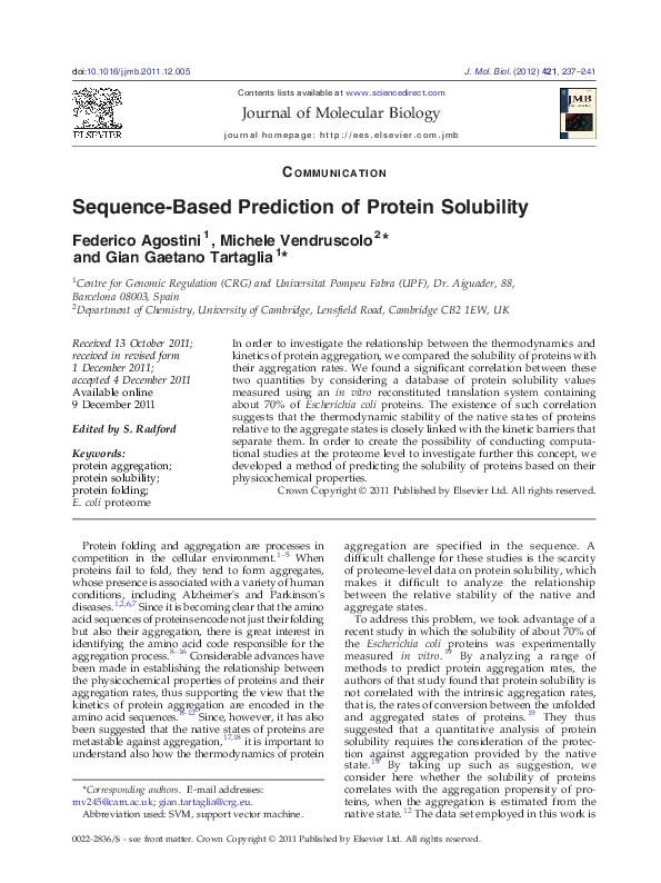 (PDF) Sequence-Based Prediction of Protein Solubility