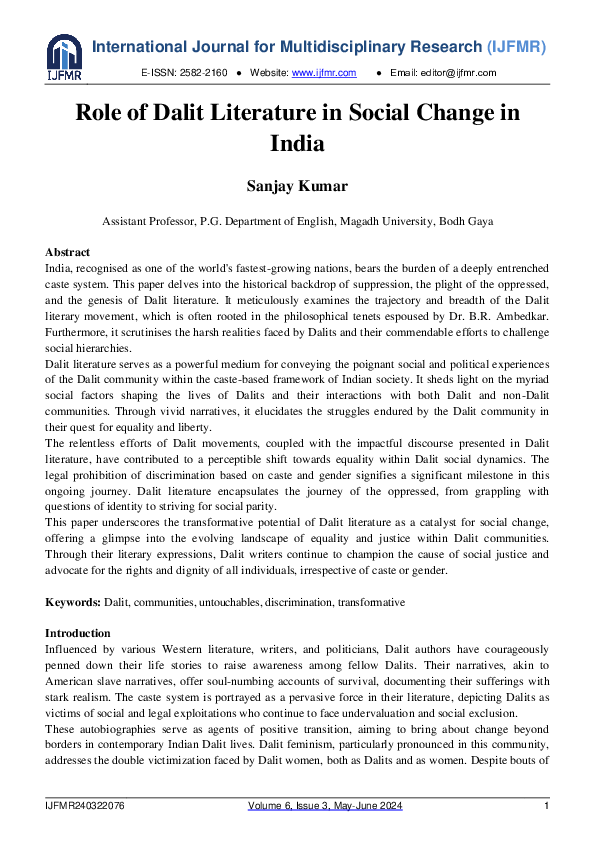 (PDF) Role of Dalit Literature in Social Change in India