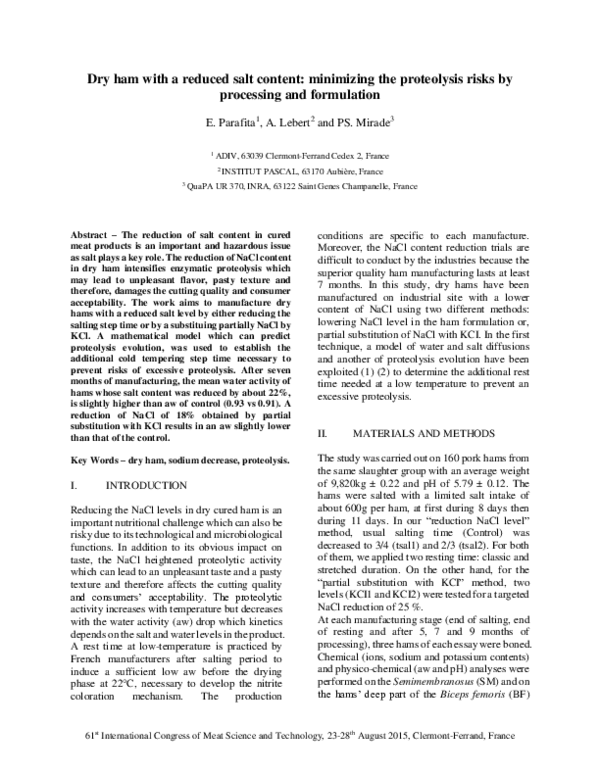 (PDF) Dry ham with a reduced salt content: minimizing the proteolysis ...