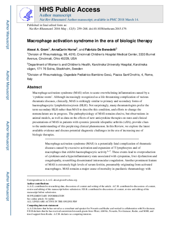 (PDF) Macrophage activation syndrome in the era of biologic therapy
