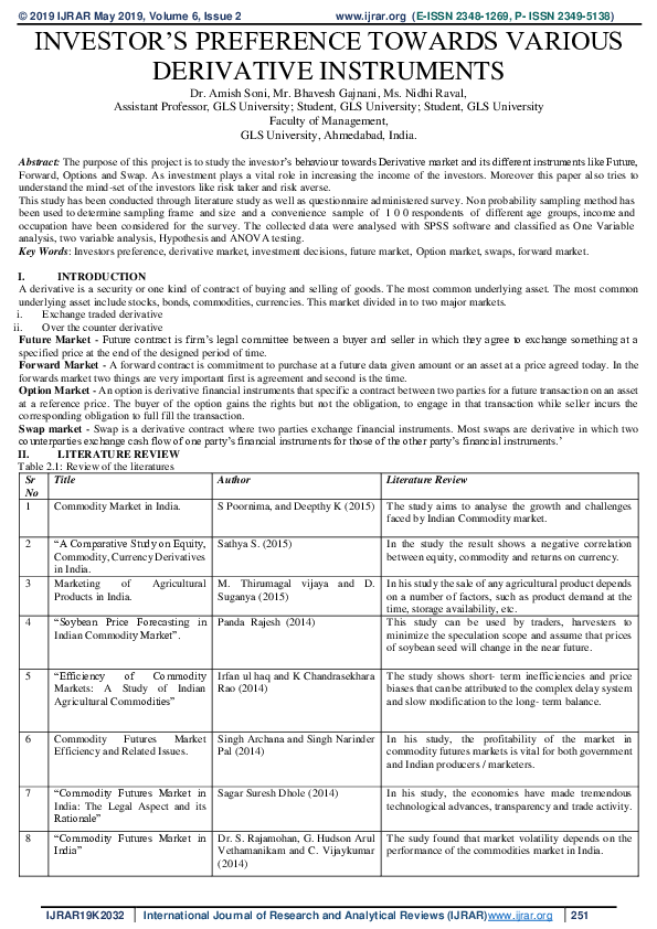 (PDF) INVESTOR'S PREFERENCE TOWARDS VARIOUS DERIVATIVE INSTRUMENTS
