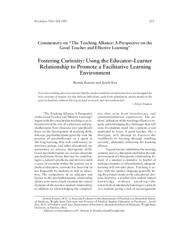 (PDF) Fostering Curiosity: Using the Educator–Learner Relationship to ...