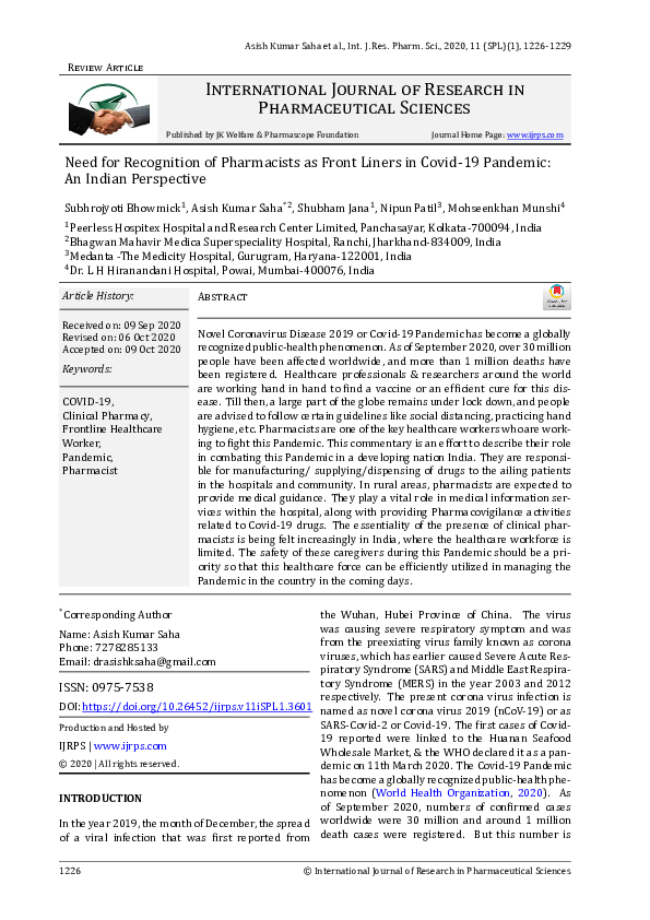 (PDF) Need for Recognition of Pharmacists as Front Liners in Covid-19 Pandemic: An Indian ...