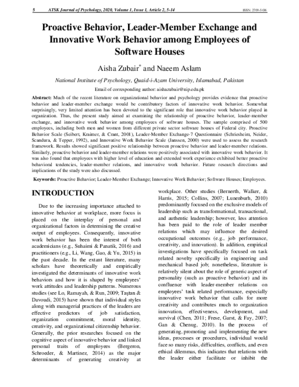(PDF) Proactive Behavior, Leader-Member Exchange and Innovative Work Behavior among Employees of ...