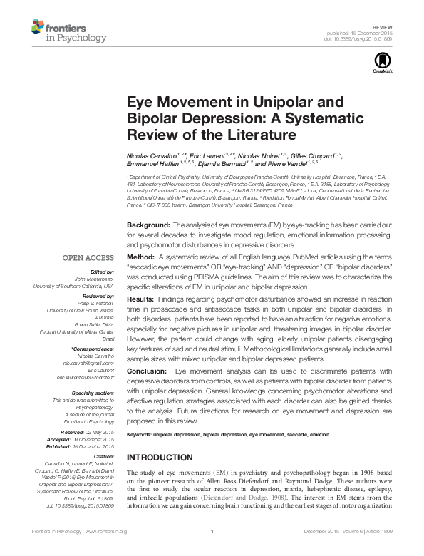 (PDF) Eye Movement in Unipolar and Bipolar Depression: A Systematic ...