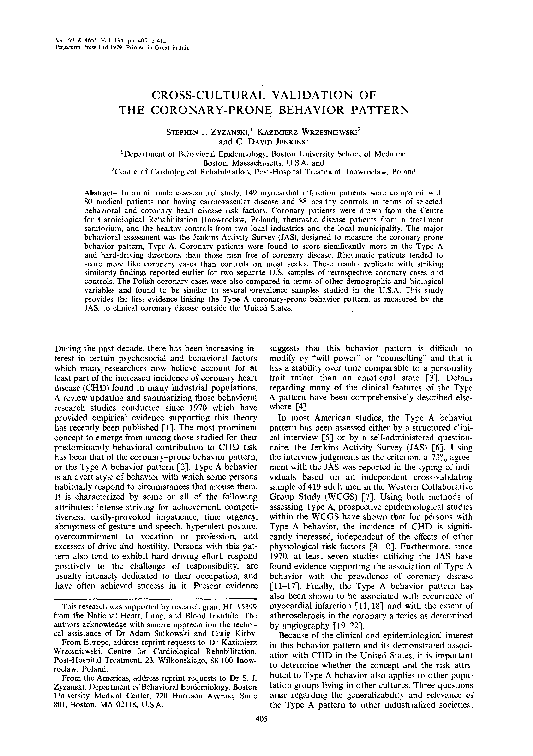 (PDF) Cross-cultural validation of the coronary-prone behavior pattern
