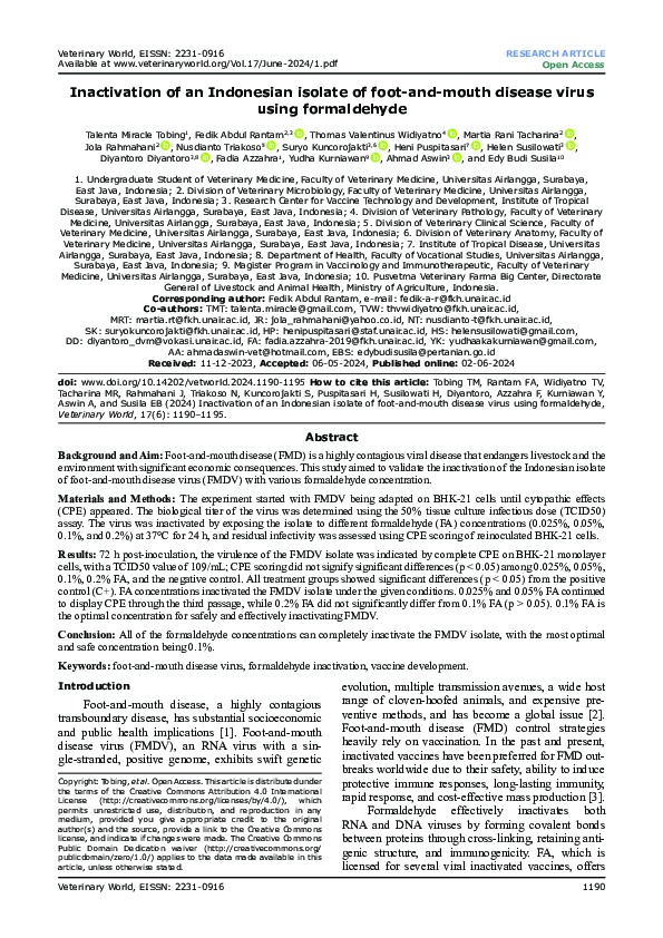 (PDF) Inactivation of an Indonesian isolate of foot-and-mouth disease ...