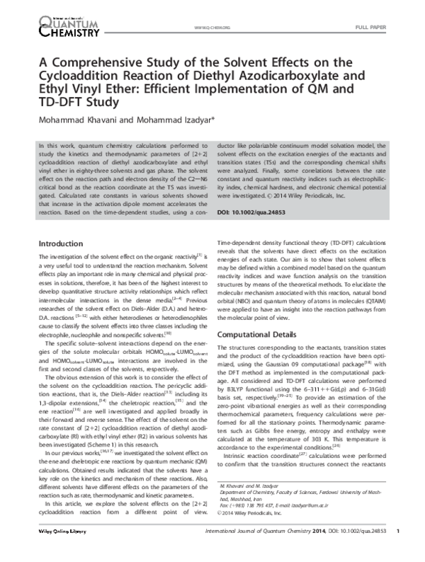 (PDF) A comprehensive study of the solvent effects on the cycloaddition reaction of diethyl ...