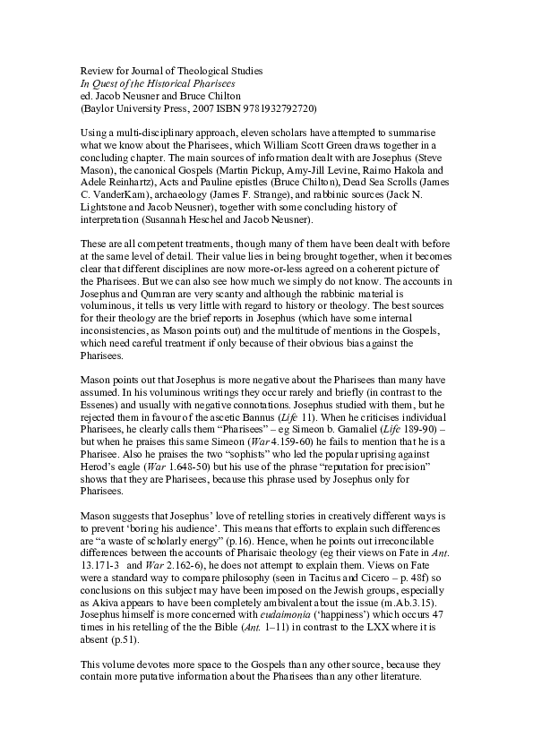 (PDF) In Quest of the Historical Pharisees. Edited by JACOB NEUSNER and ...