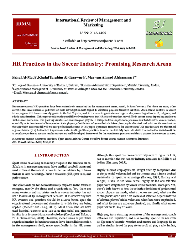 (PDF) HR Practices in the Soccer Industry: Promising Research Arena