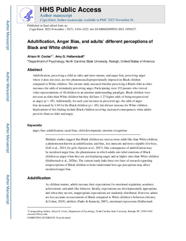 (PDF) Adultification, anger bias, and adults’ different perceptions of ...