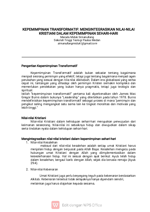 (PDF) KEPEMIMPINAN TRANSFORMATIF: MENGINTEGRASIKAN NILAI-NILAI KRISTIANI DALAM KEPEMIMPINAN ...