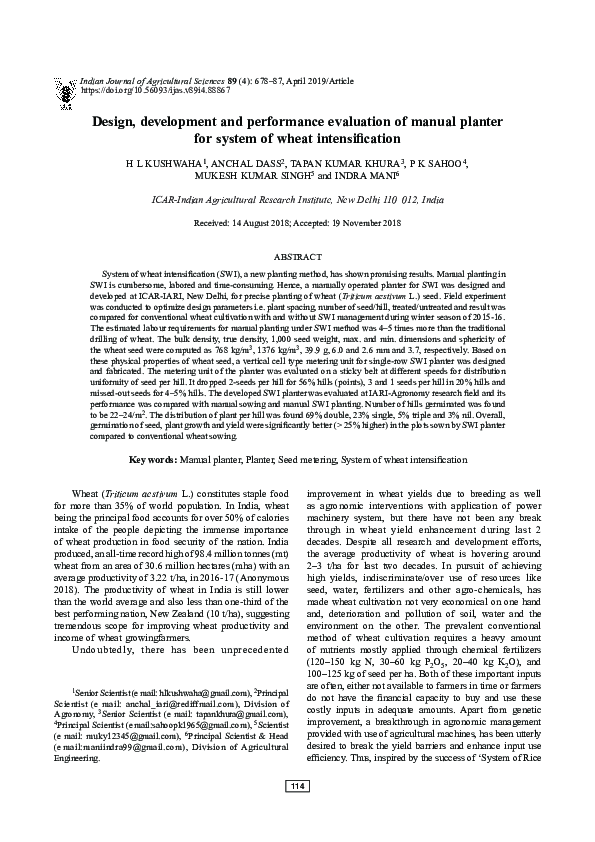 (PDF) Design, development and performance evaluation of manual planter for system of wheat ...