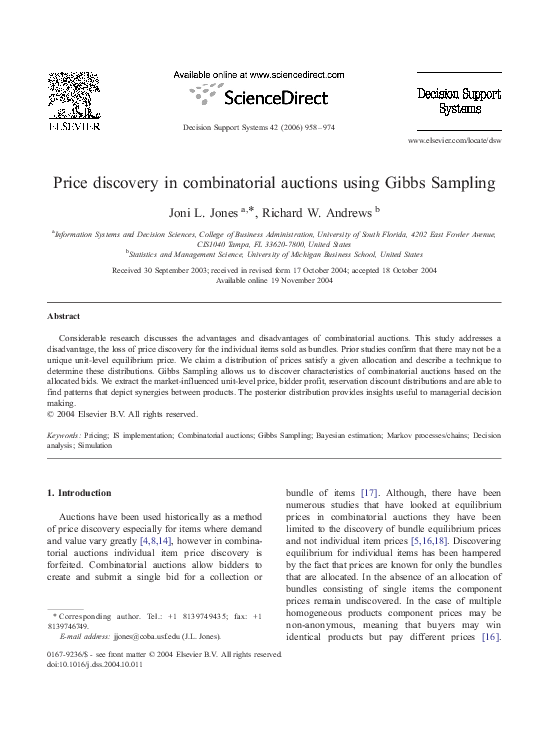 (PDF) Price discovery in combinatorial auctions using Gibbs Sampling